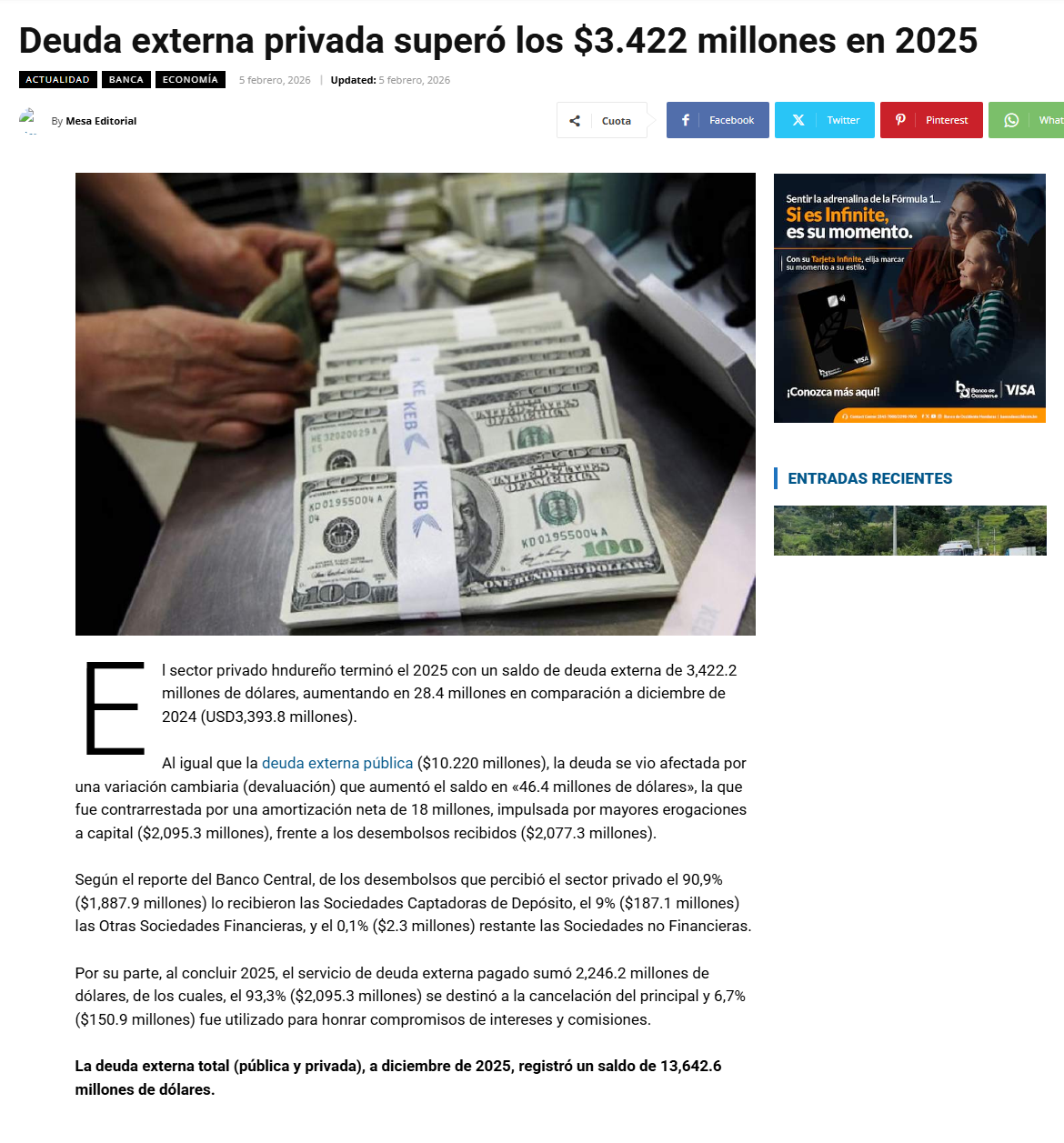 DEUDA EXTERNA PRIVADA SUPERÓ LOS $3.422 MILLONES EN 2025